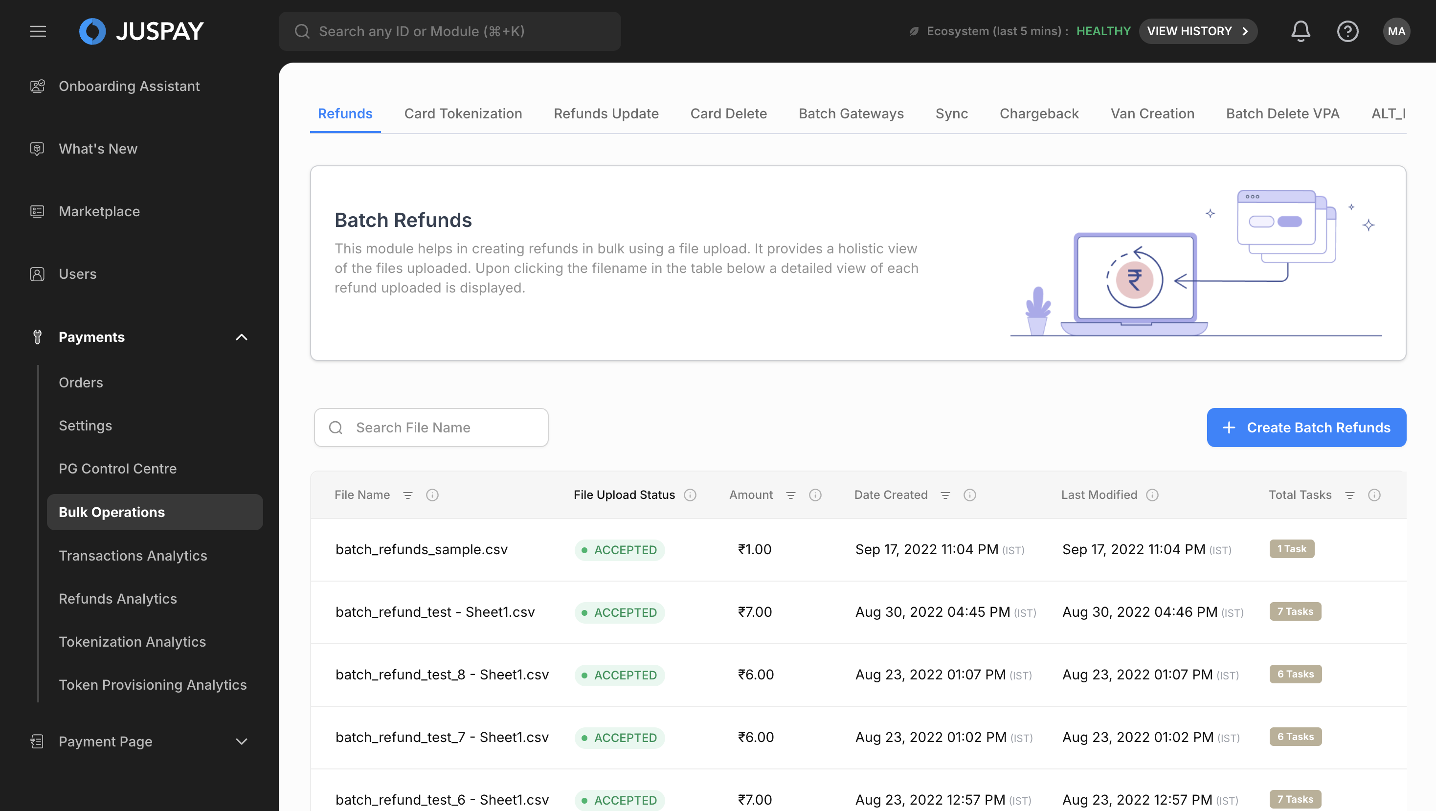 Click on Create Batch Refund and Download the sample CSV file to check the details and the ...